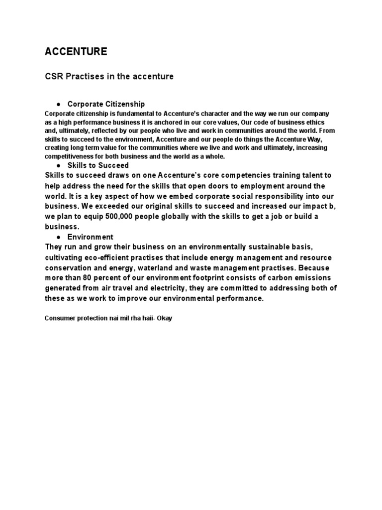 Accenture: CSR Practises in The Accenture | PDF
