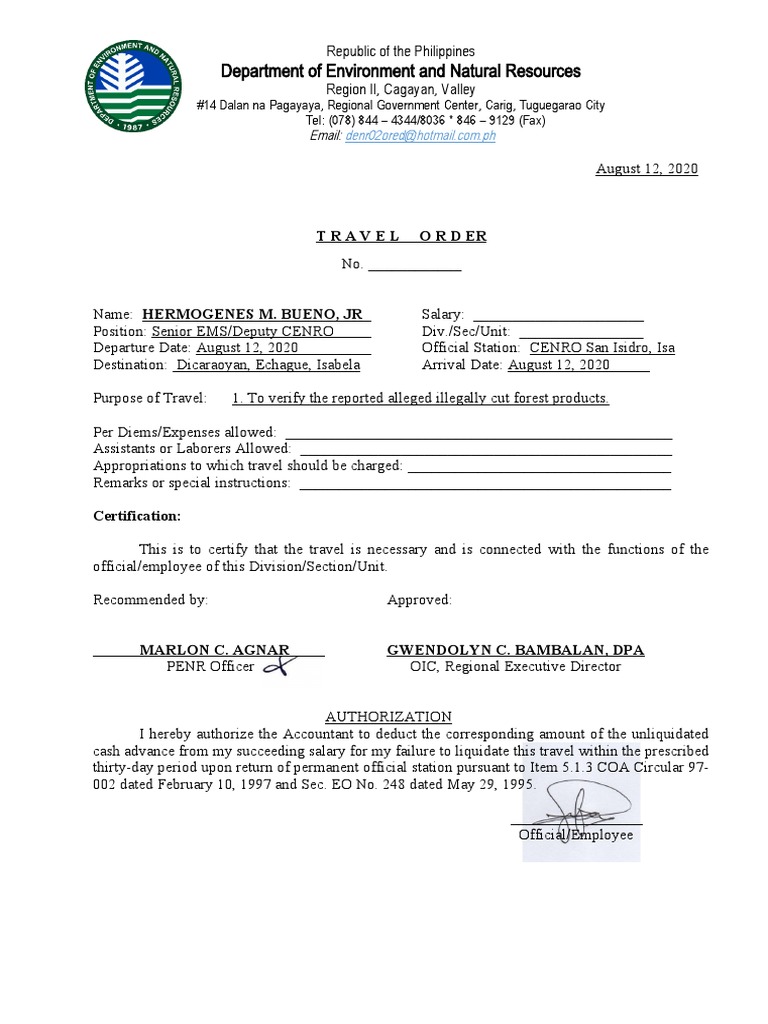 Department of Environment and Natural Resources: Travel Order | PDF ...