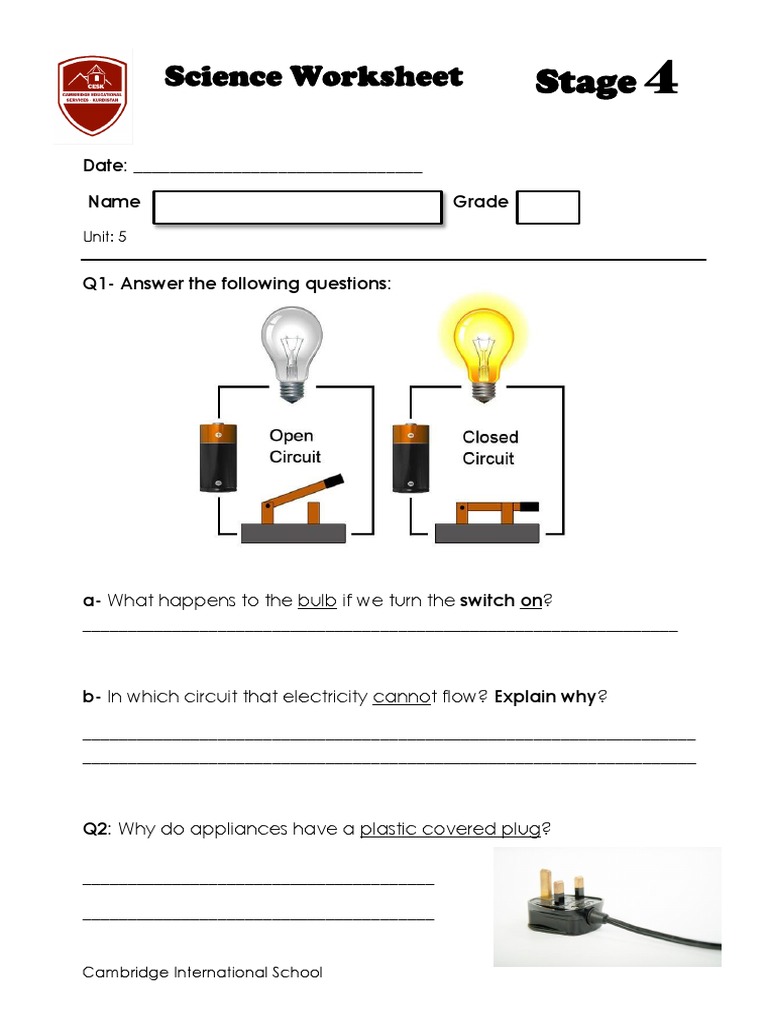 Stage 4 Science Unit 5 Worksheet PDF | PDF | Electrical Conductor ...