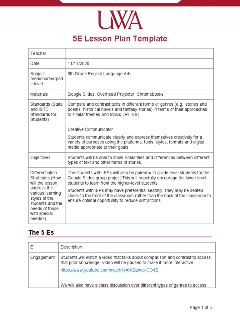6th Grade ELA Comparison Lesson Plan | PDF | Lesson Plan ...