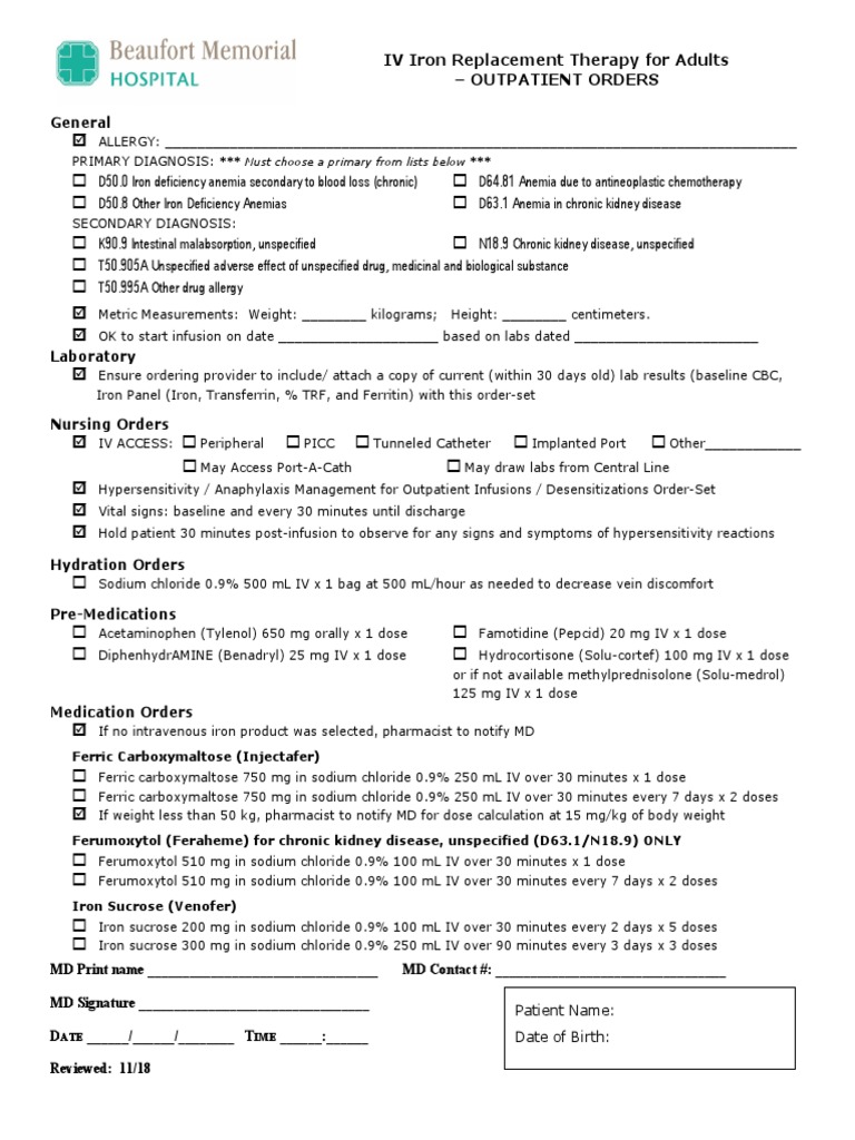 IV Iron Orders Outpatient 11.2018 PDF | PDF | Pharmacology | Rtt