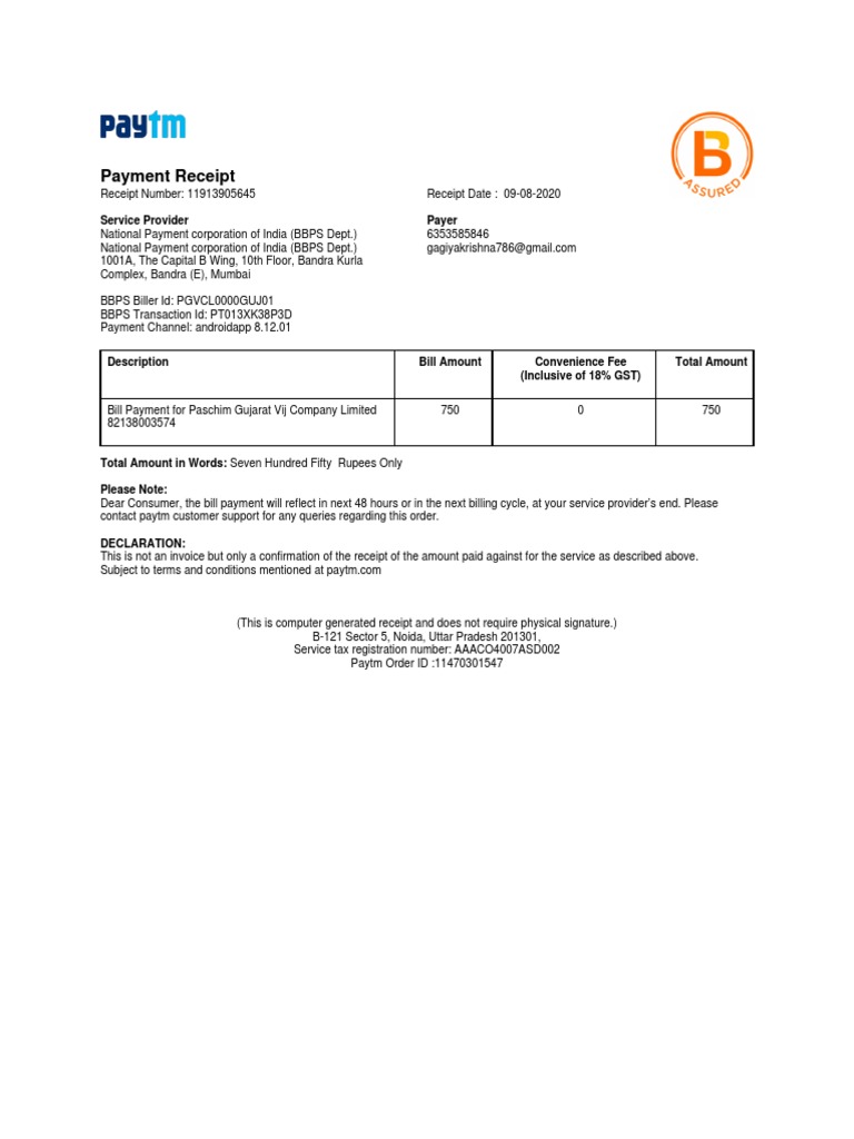 Payment Receipt for BBPS Transaction | PDF