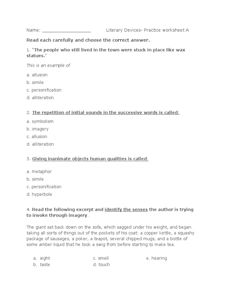 Literary Terms Practice Worksheet 3 | PDF | Irony | Narration