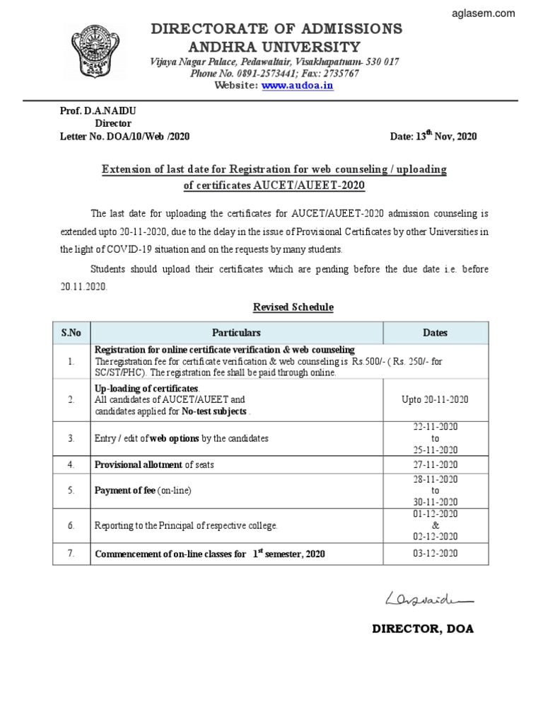 AUCET AUEET Web Counselling 2020 Revised Schedule Notice | PDF | Business | Internet