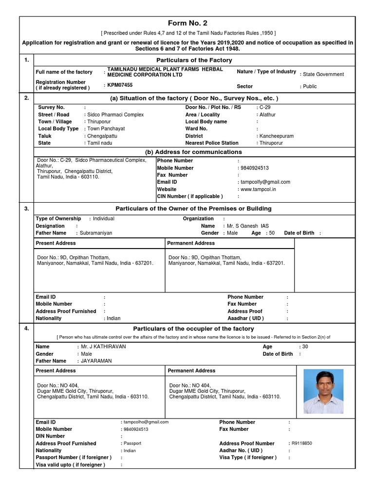 Form No. 2: Particulars of The Factory | PDF | Travel Visa | Government