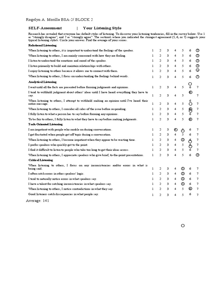 SELF-Assessment - Your Listening Style: Rogelyn A. Morilla BSA-2/ BLOCK ...