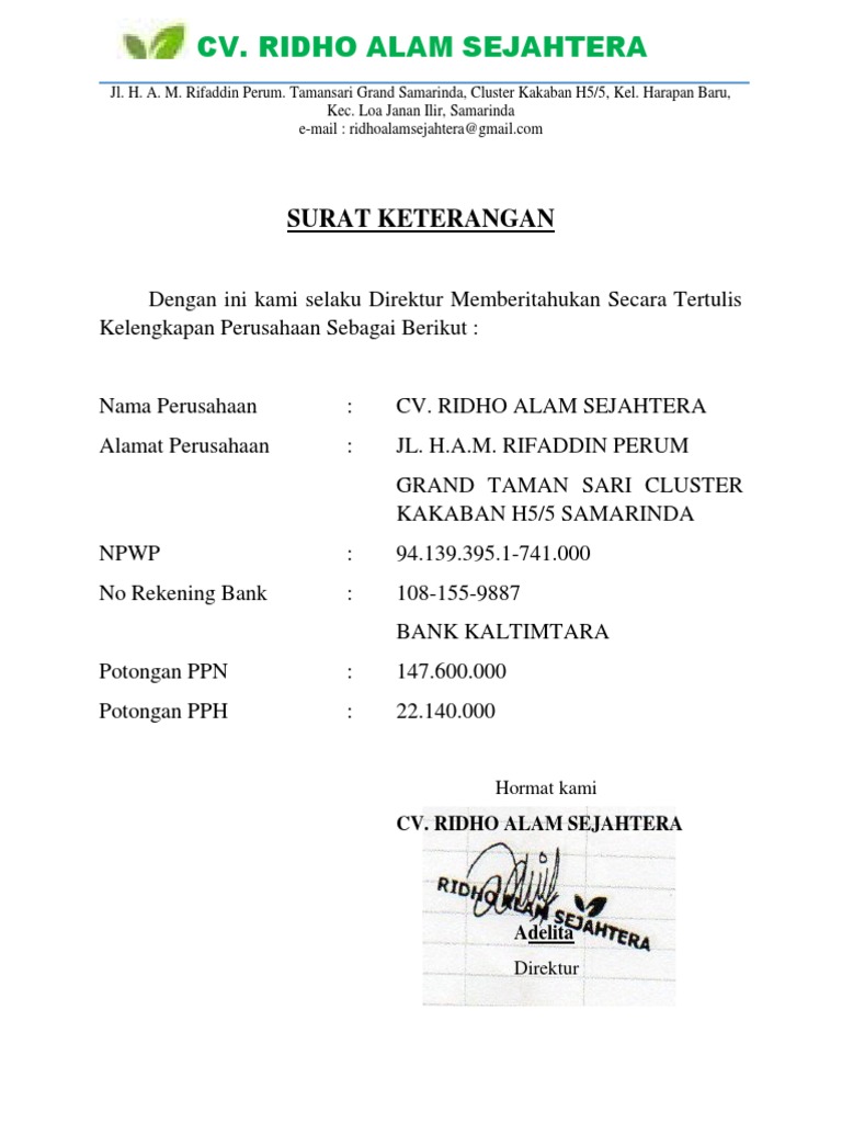 Surat Keterangan CV Ridho Alam Sejahtera | PDF