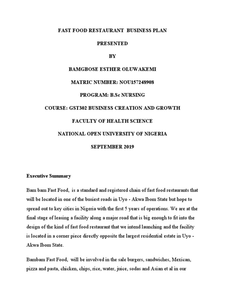 Fast Food Restaurant Business Plan | PDF | Fast Food Restaurants | Fast ...