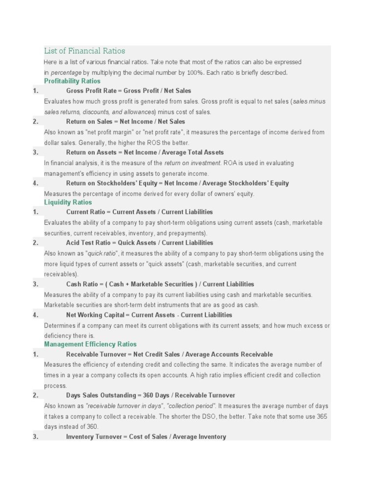 List of Financial Ratios | Download Free PDF | Dividend | Gross Margin