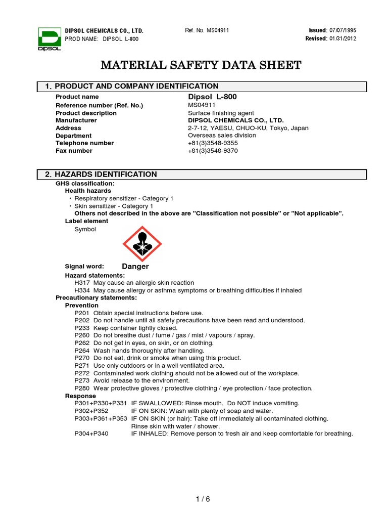 Dipsol L-800 Safety Data Sheet | PDF | Personal Protective Equipment ...