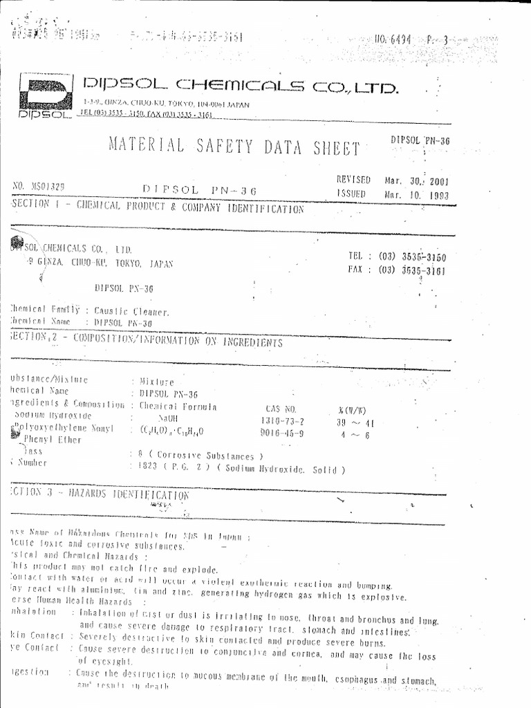 MSDS - Dipsol PN - 36 (Plating) PDF | PDF