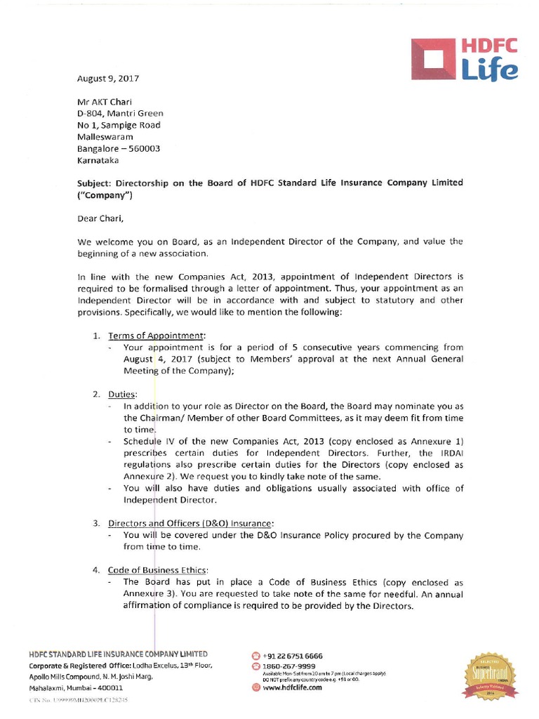 Appointment Letter - MR AKT Chari | PDF