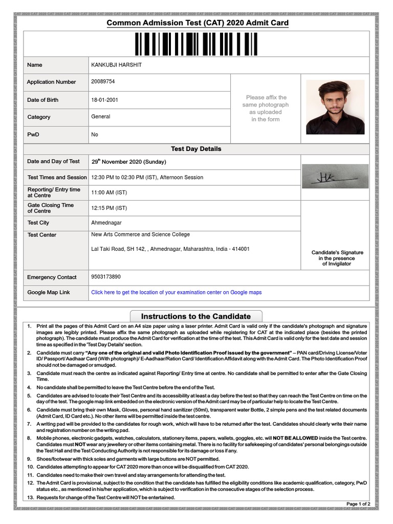 Common Admission Test (CAT) 2020 Admit Card: Barcode | PDF | Identity ...