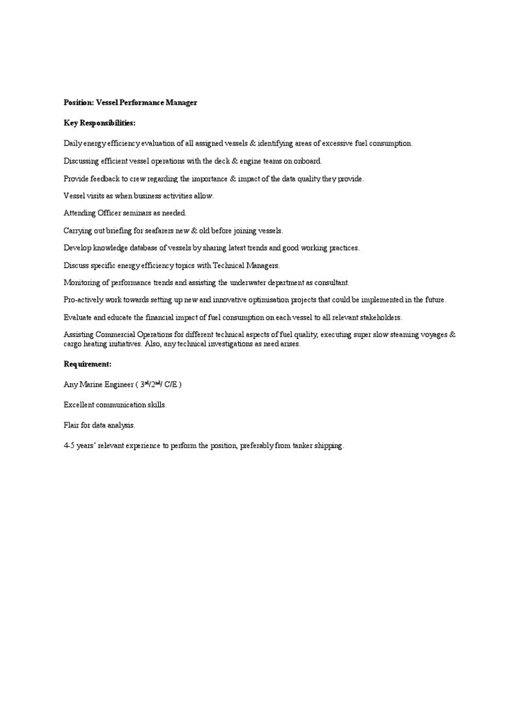 Position: Vessel Performance Manager (Female Candidate) Key ...
