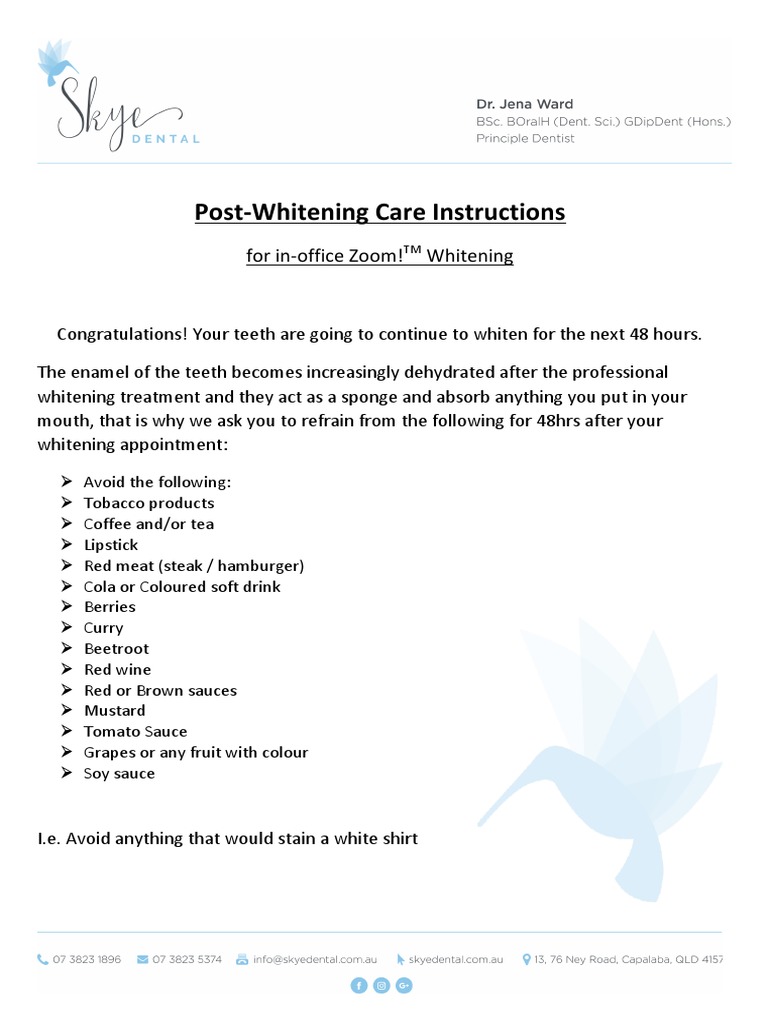 Post - Whitening Care Instructions: For in - Office Zoom! Whitening ...