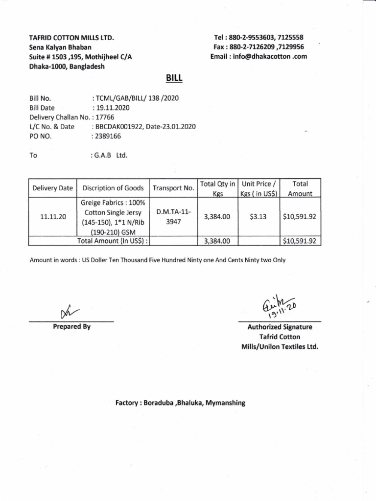 Tafrid Greige Fabrics Challan & Bill Copy-17766+17767 PDF | PDF | Textiles