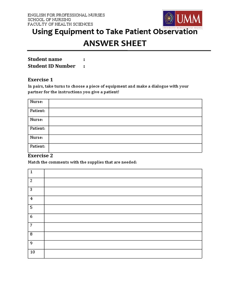Answer Sheet: Using Equipment To Take Patient Observation | PDF