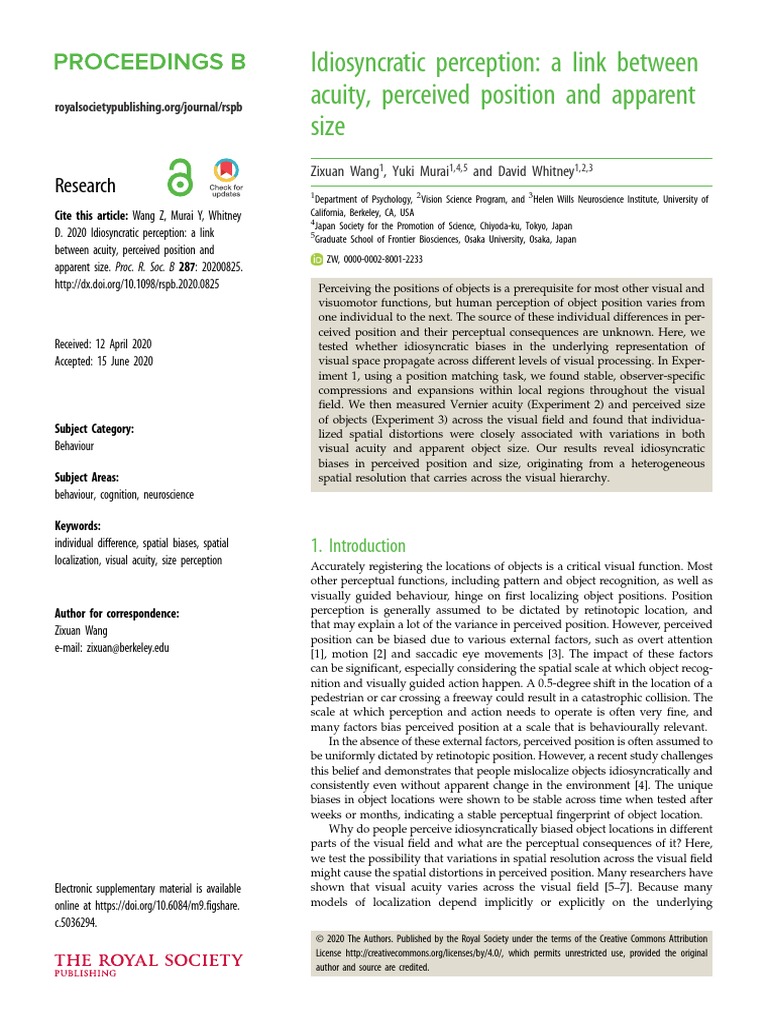 Idiosyncratic Perception A Link Between Acuity Perceived Position and ...