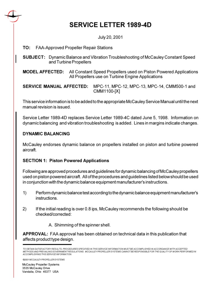 Service Letter 1989-4D: Mccauley Propeller Systems 3535 Mccauley Drive ...