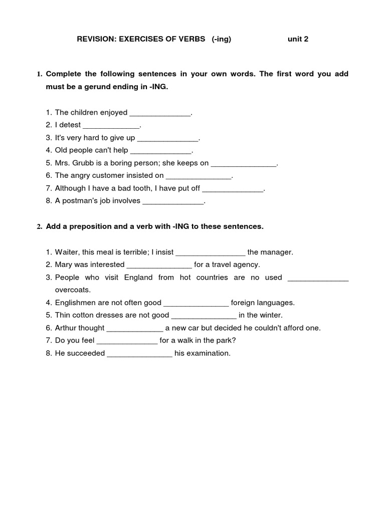 Exercise - Revision - Gerunds - Unit 2 | PDF