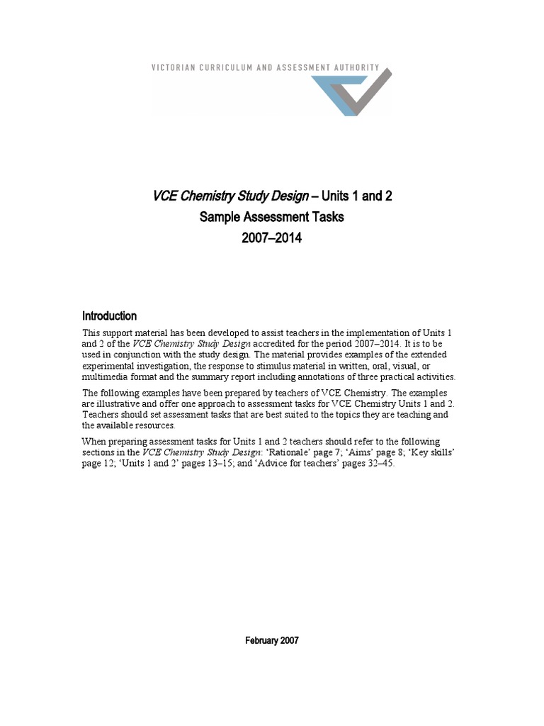 VCE Chemistry Study Design - Units 1 and 2 Sample Assessment Tasks 2007 ...