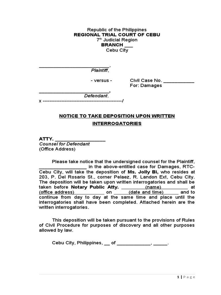 Cebu Deposition Notice for Damages Case | PDF | Interrogatories ...