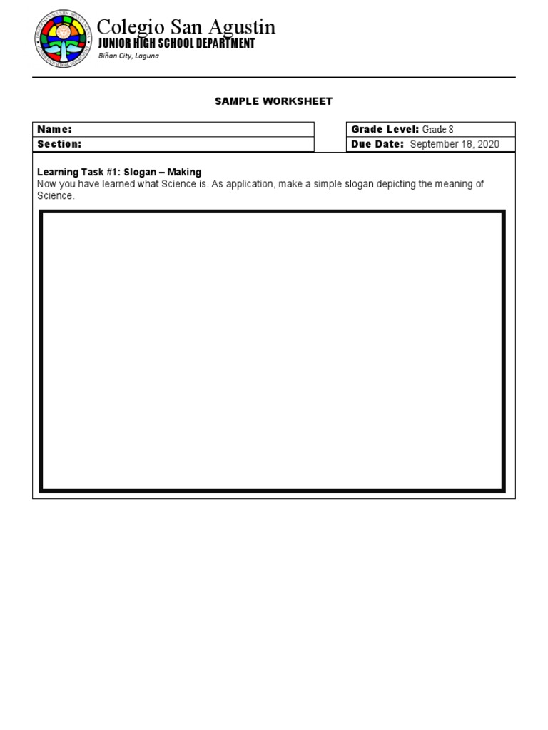 Junior High School Department: Sample Worksheet Name: Grade Level ...