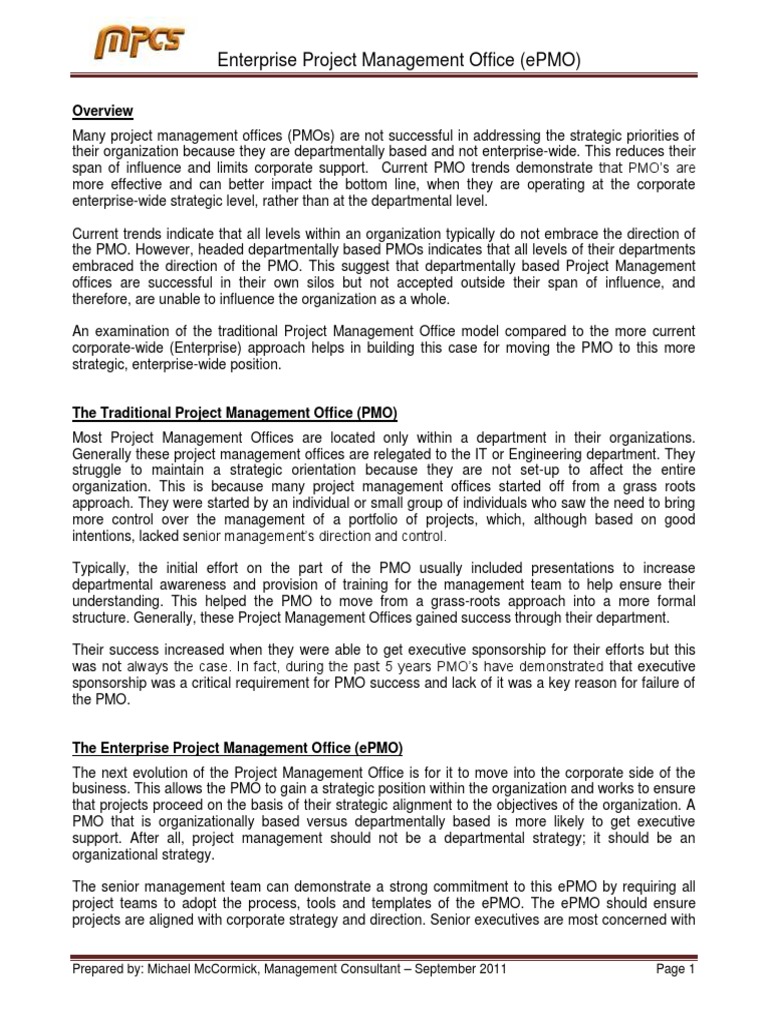Enterprise Project Management Office (Epmo) : Prepared By: Michael ...