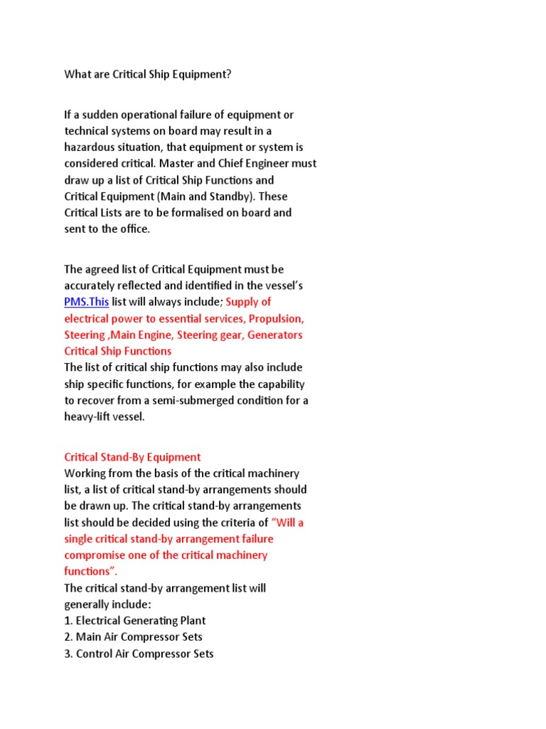 Critical Equipment List for Ships | PDF | Mechanical Engineering | Nature