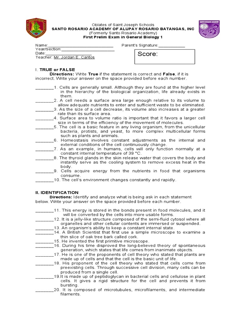 1st Prelim Exam Gen. Bio 1 | PDF | Cell (Biology) | Organisms