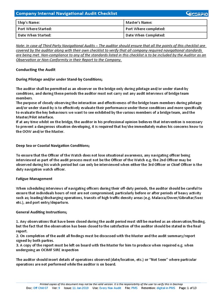 Company Internal Navigational Audit Checklist Ver 9 | PDF | Water ...
