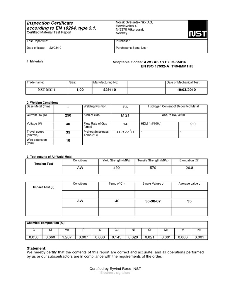 Inspection Certificate According To EN 10204, Type 3.1.: EN ISO 17632-A: T464MM1H5 | Download ...