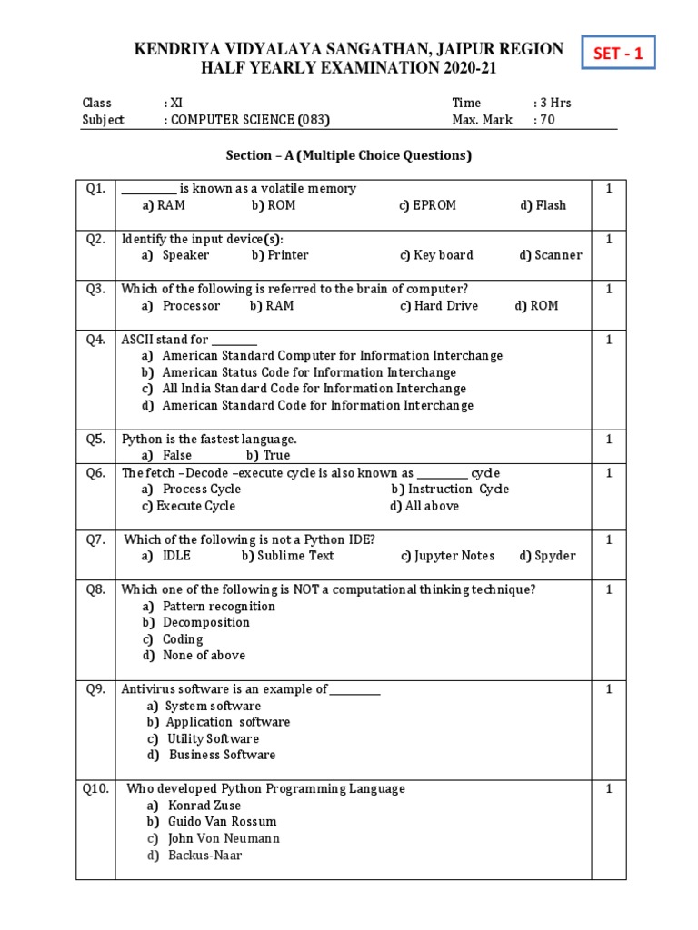 Kendriya Vidyalaya Sangathan, Jaipur Region Half Yearly Examination ...