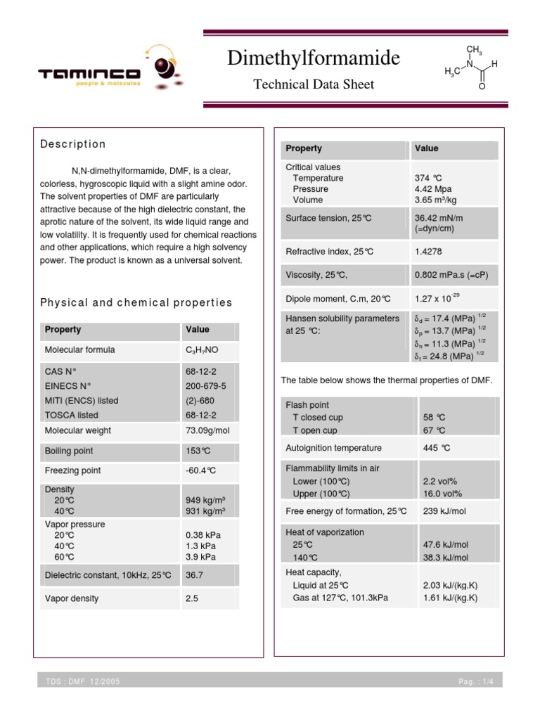 Dimethylformamide Technical Data Sheet | PDF | Solvent | Chemical ...