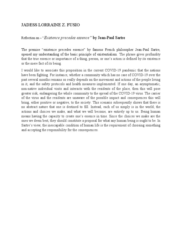 A Reflection On: Existence Precedes Essence | PDF