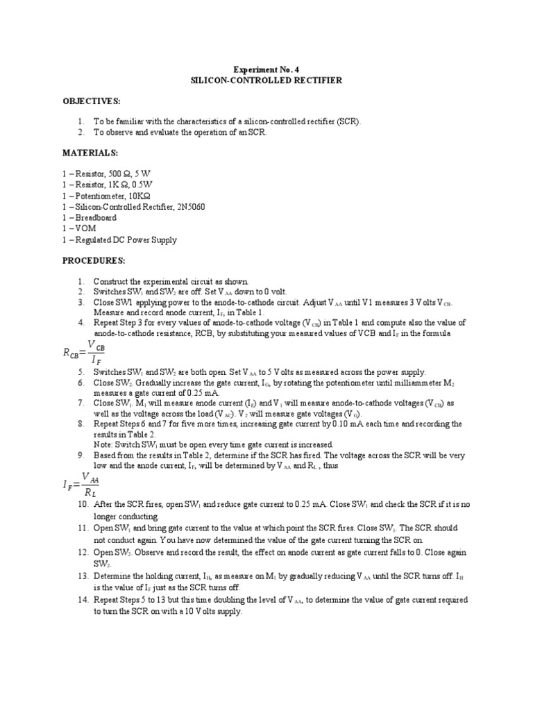 SCR Characteristics Experiment | PDF | Rectifier | Electromagnetism