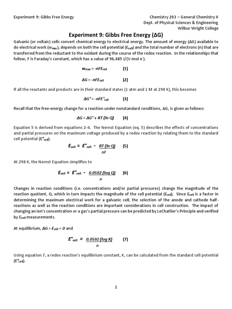 Experiment 9: Gibbs Free Energy (ΔG) : = -nFE (1) = -nFE | PDF | Gibbs ...