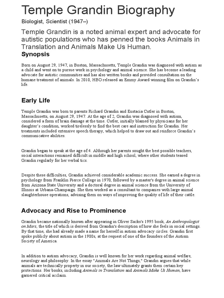 Temple Grandin BIO | PDF | Autism | Psychological Concepts