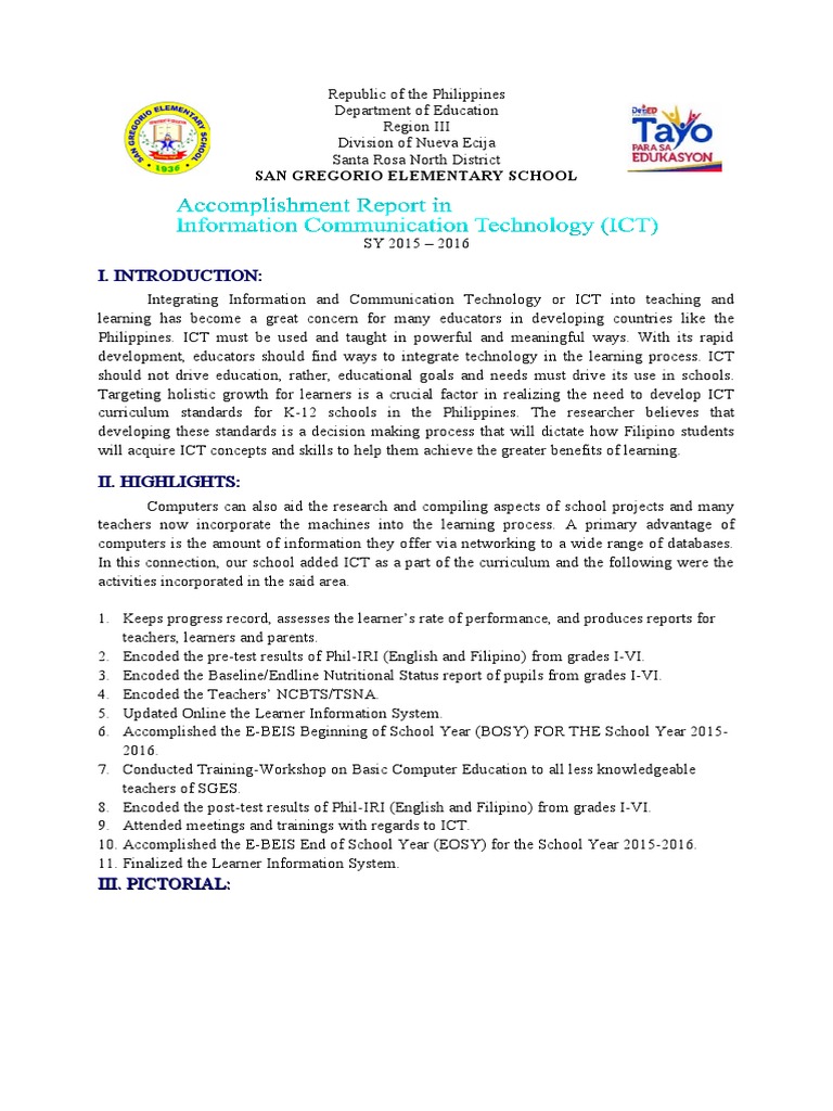 School Ict Accomplishment Report | PDF | Educational Technology | Teachers