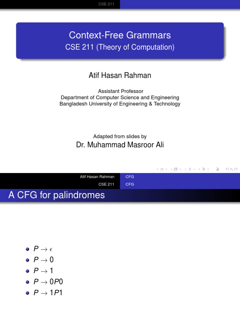 Context-Free Grammars: CSE 211 (Theory of Computation) | PDF | Languages | Language Arts ...