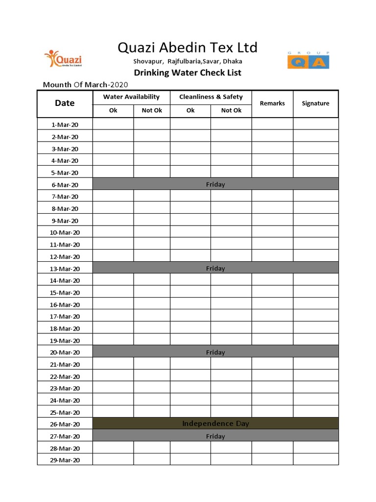Quazi Abedin Tex LTD: Drinking Water Check List | PDF | Public Health ...