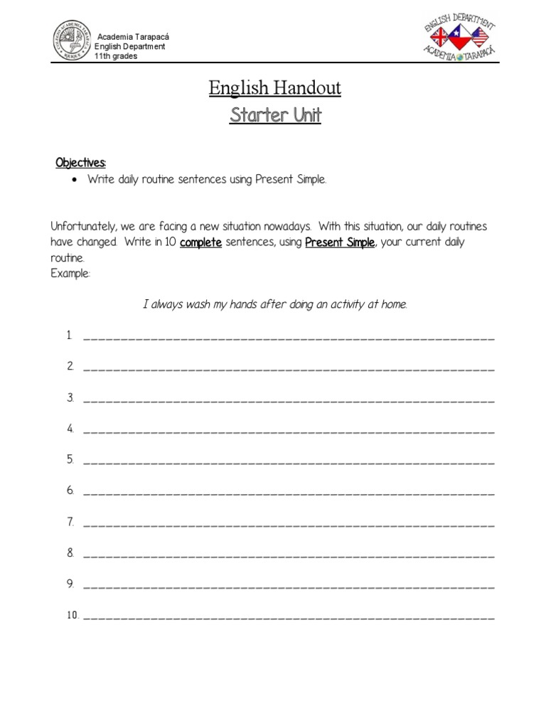 English Handout Starter Unit: Academia Tarapacá English Department 11th ...