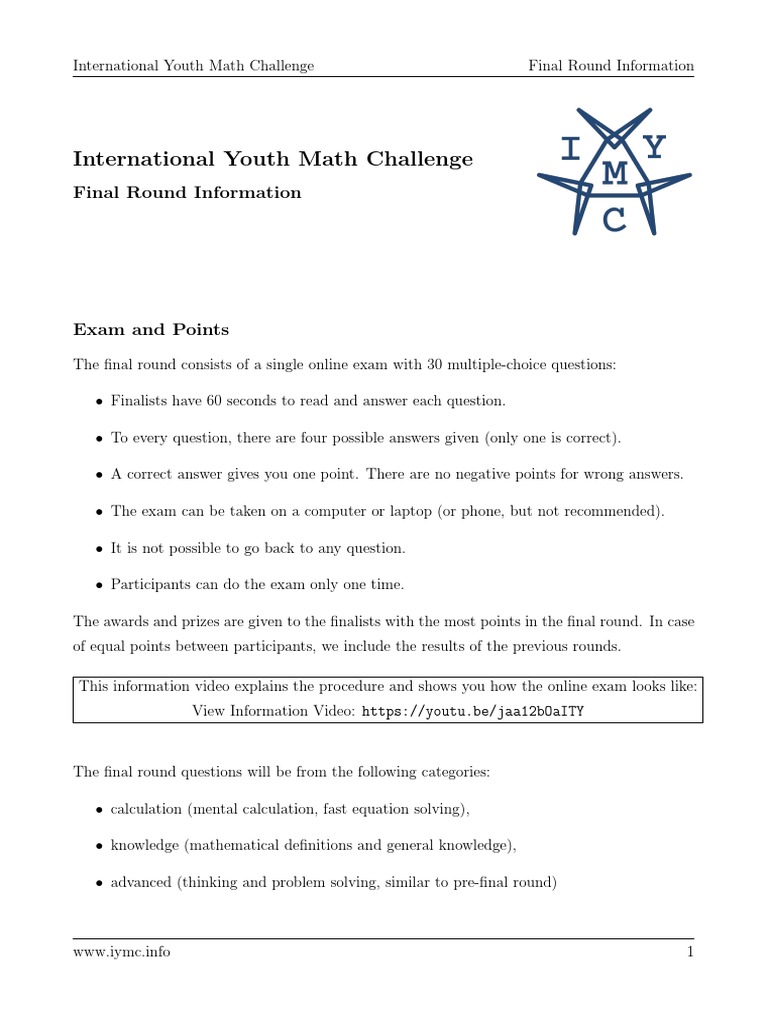 International Youth Math Challenge: Final Round Information | PDF ...