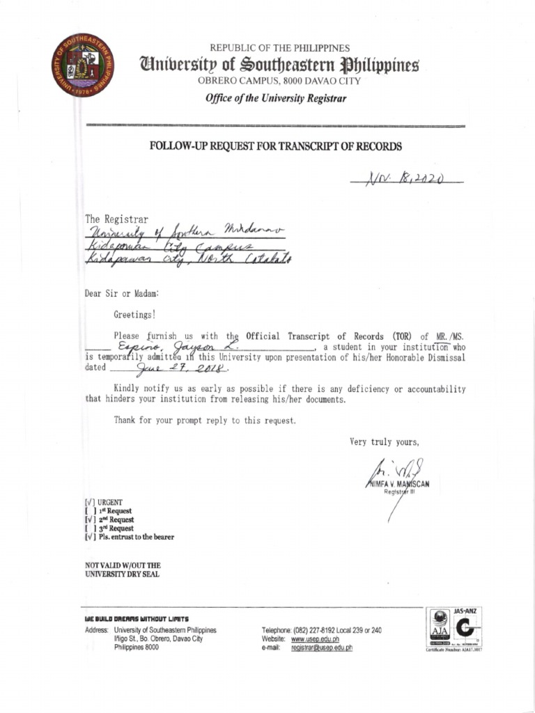 Letter For Request (TOR AND HONORABLE DISMISSAL) | PDF | Academia ...