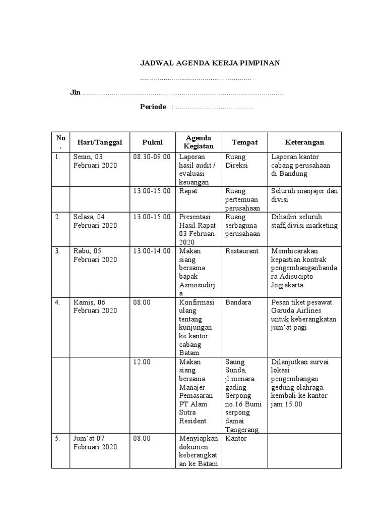 Jadwal Agenda Kerja Pimpinan | PDF