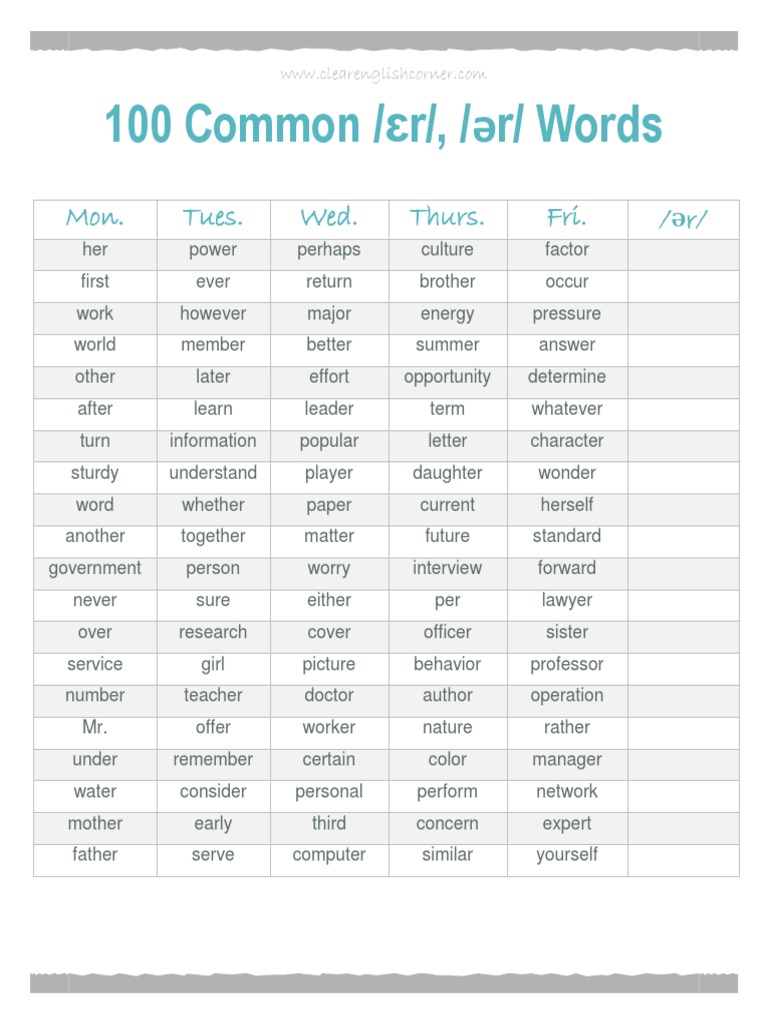 Common /ɛr/, /әr/ Words List | PDF