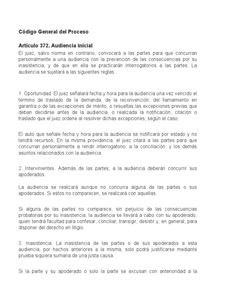 ARTS 372 Y 373 Código General Del Proceso. AUDIENCIA INICIAL Y DE ...