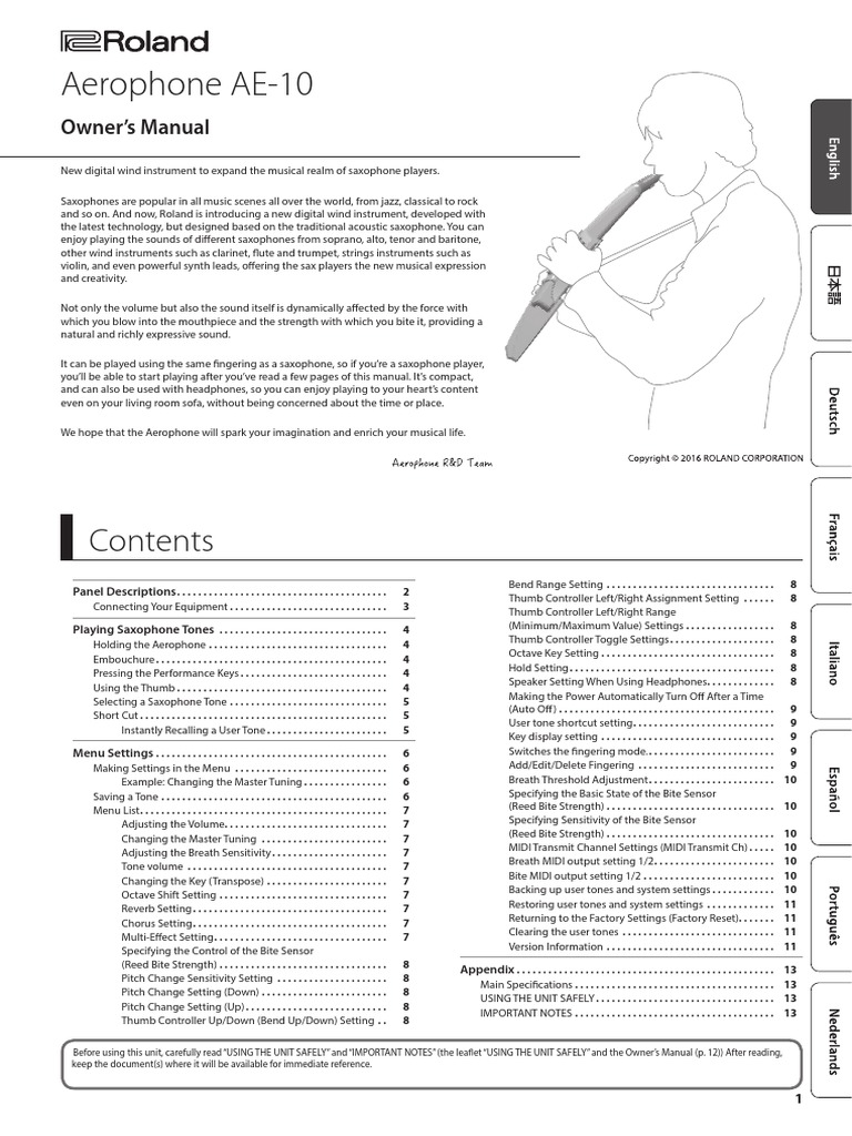 Roland Aerophone AE-10 - User Manual | PDF | Saxophone | Pitch (Music)