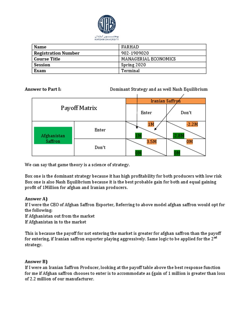 Payoff Matrix: Name Registration Number Course Title Session Exam | PDF ...