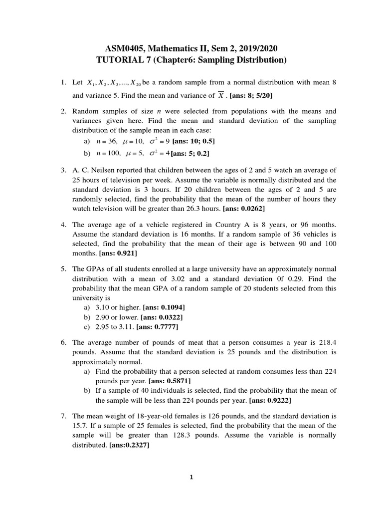 Sampling Distribution Tutorial Solutions | PDF | Mean | Standard Deviation